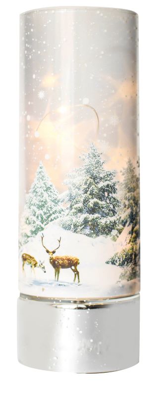 Skleněný svítící válec s časovačem výška 25cm bílý se zimní krajinou ...