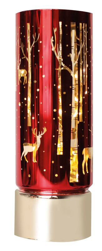 Skleněný svítící válec s časovačem výška 25cm červený se zimní krajinou ...